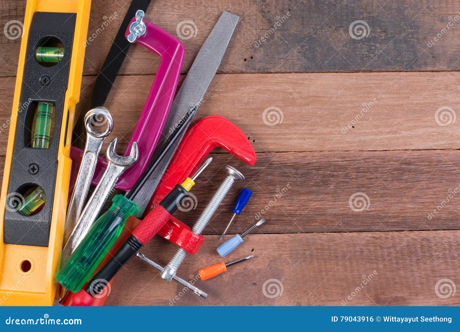 Set of Working Tools on Wooden Background. Wood Working Tools ...