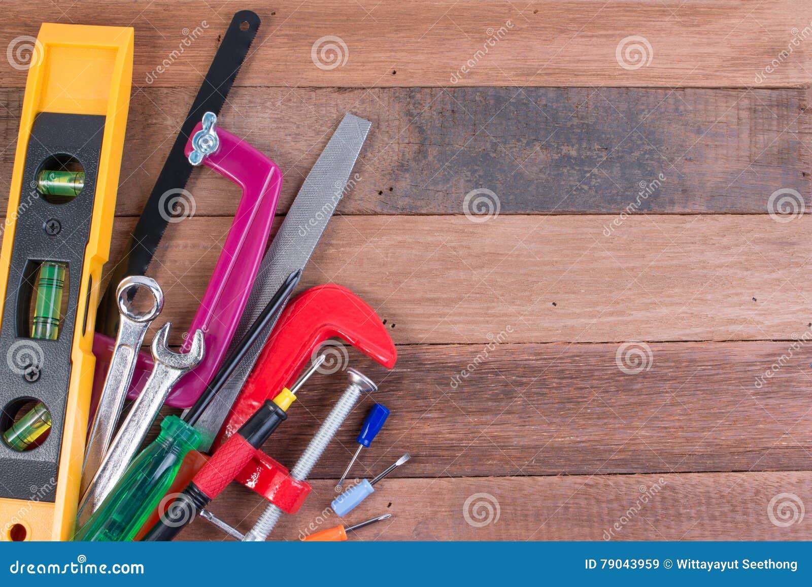 Set of Working Tools on Wooden Background. Wood Working Tools ...