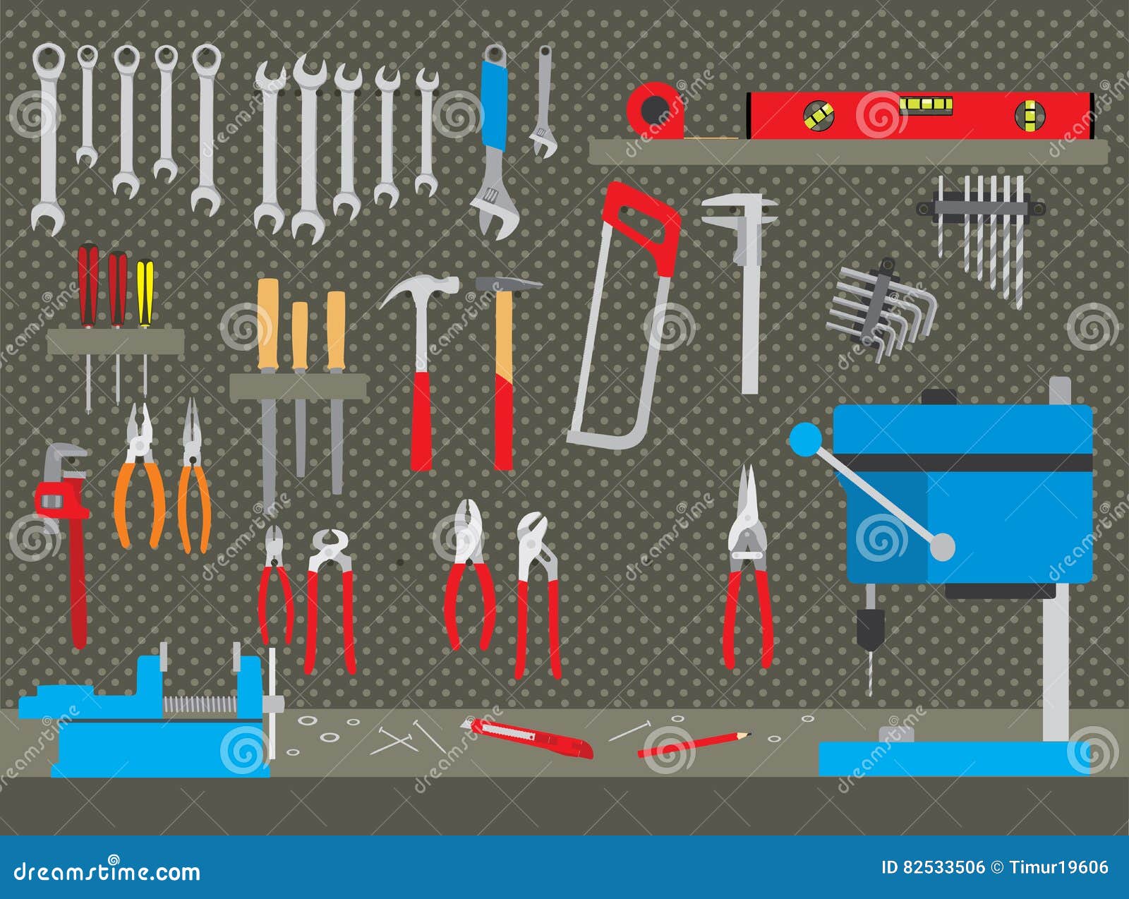 Workshop with Various Tools Stock Vector - Illustration of drill, house ...