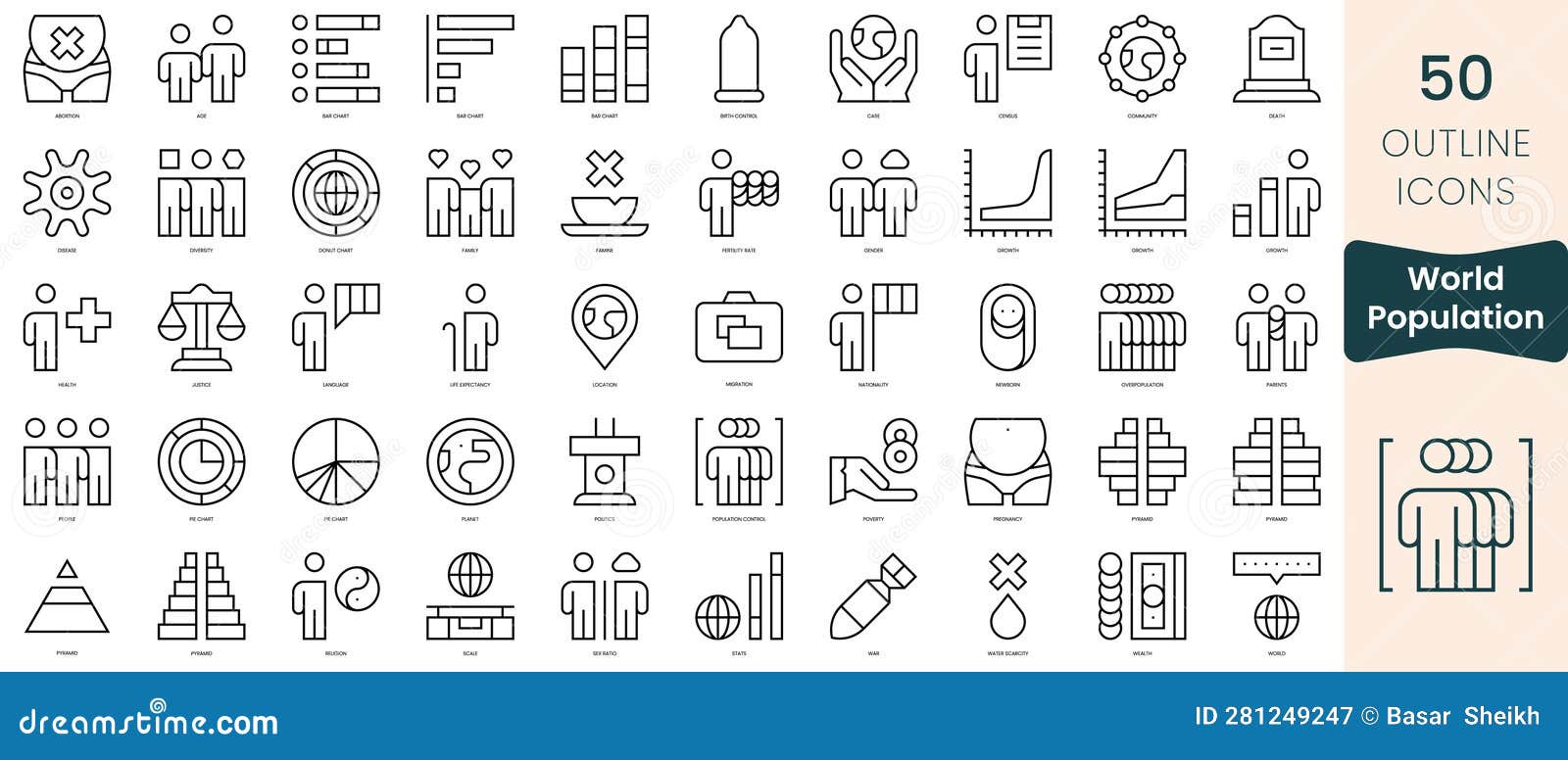 Set of World Population Icons. Thin Linear Style Icons Pack Stock ...