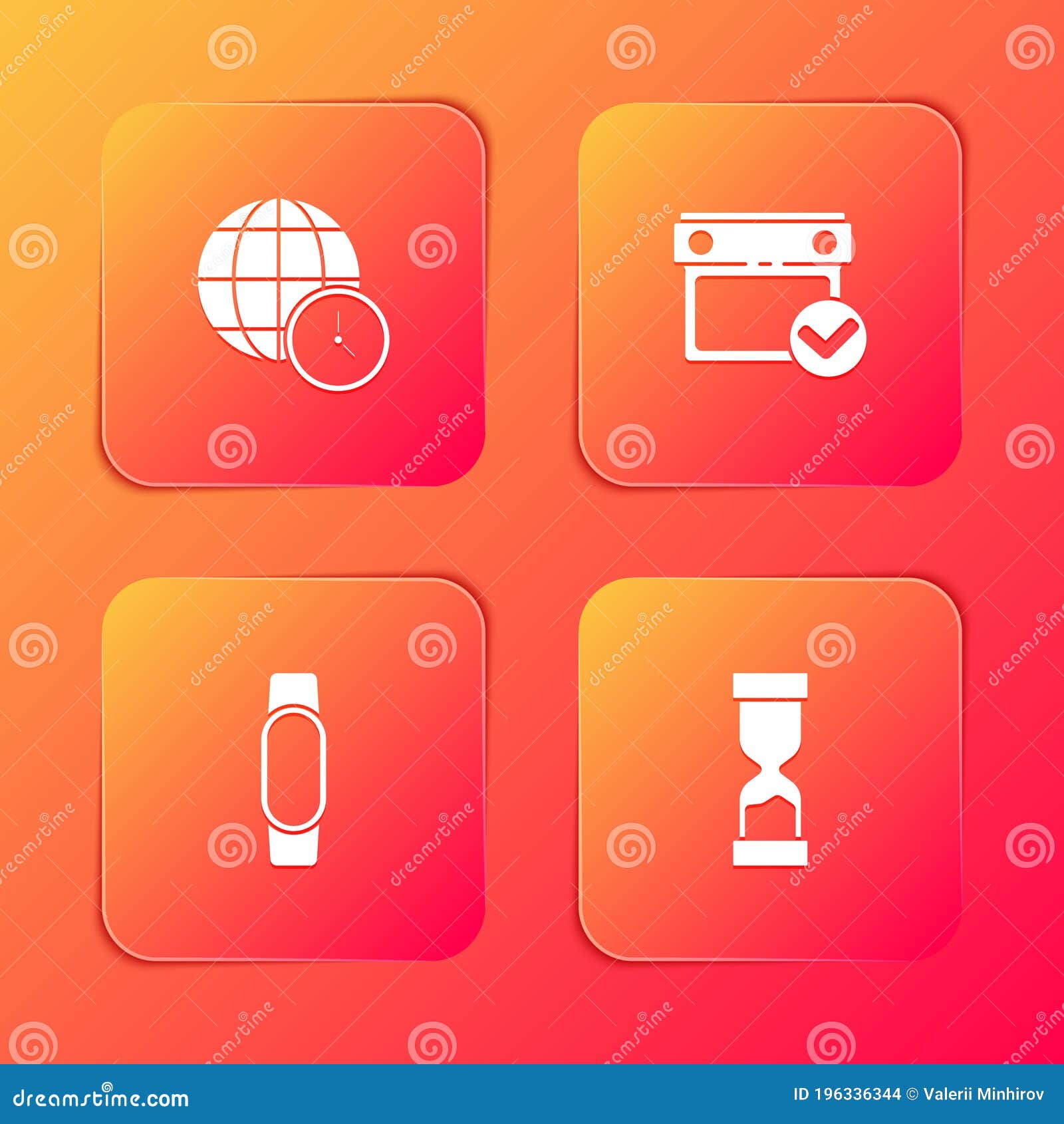 Set World Time, Calendar with Check Mark, Smartwatch and Old Hourglass ...