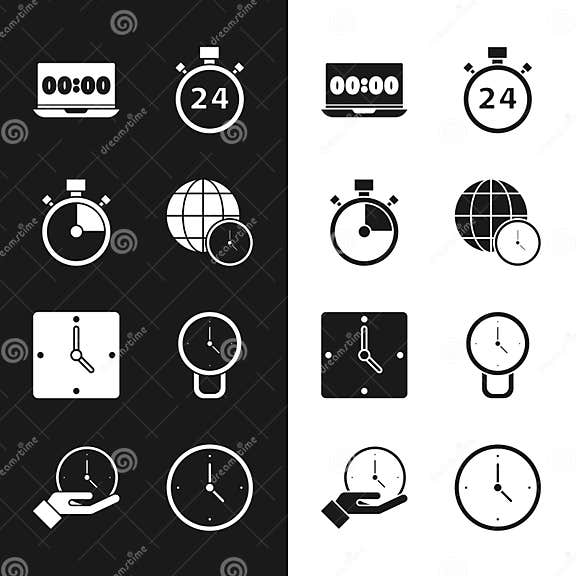 Set World Time, Stopwatch, Clock on Laptop, 24 Hours, and Icon. Vector ...