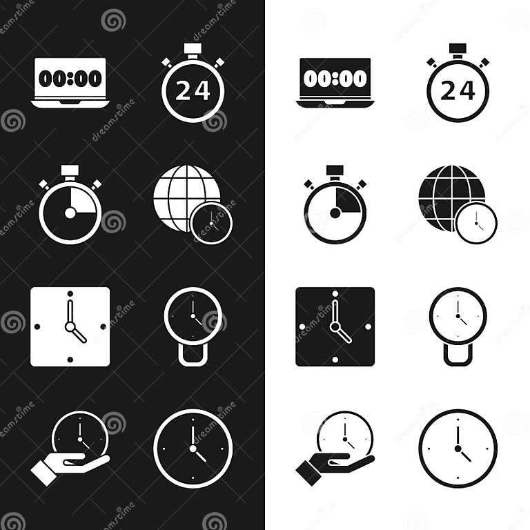 Set World Time, Stopwatch, Clock on Laptop, 24 Hours, and Icon. Vector ...