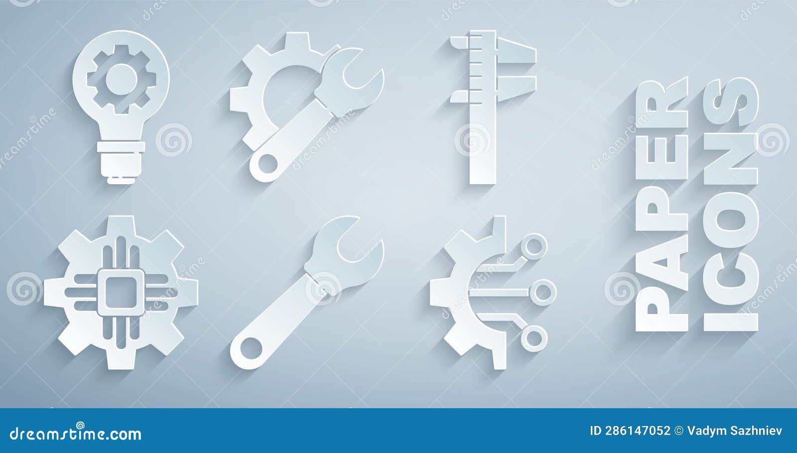 Set Wrench Spanner, Calliper or Caliper and Scale, Processor, Algorithm, Gear and Light Bulb ...