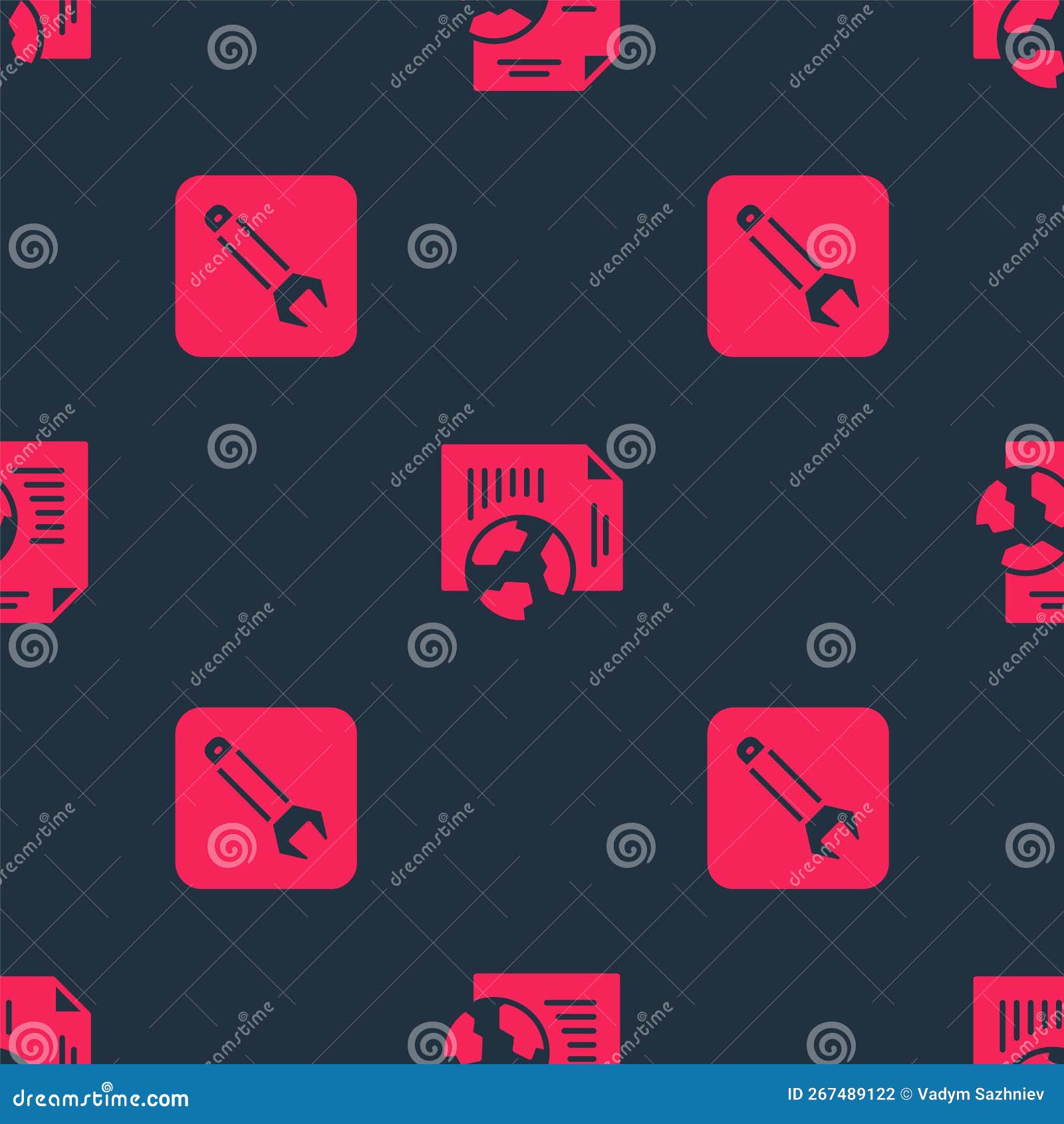 Set Wrench Spanner and Earth Globe with Document on Seamless Pattern ...