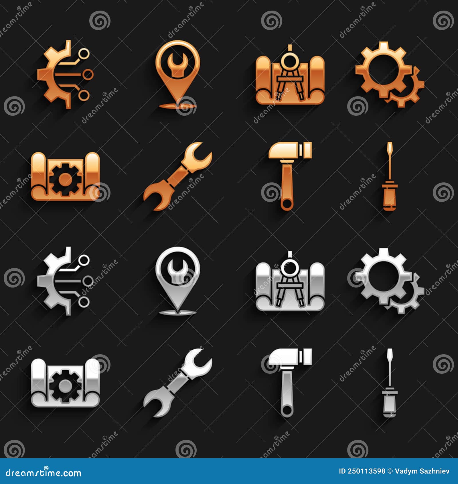 Set Wrench Spanner, Gear, Screwdriver, Hammer, Graphing Paper and Gear, Compass, Algorithm and ...