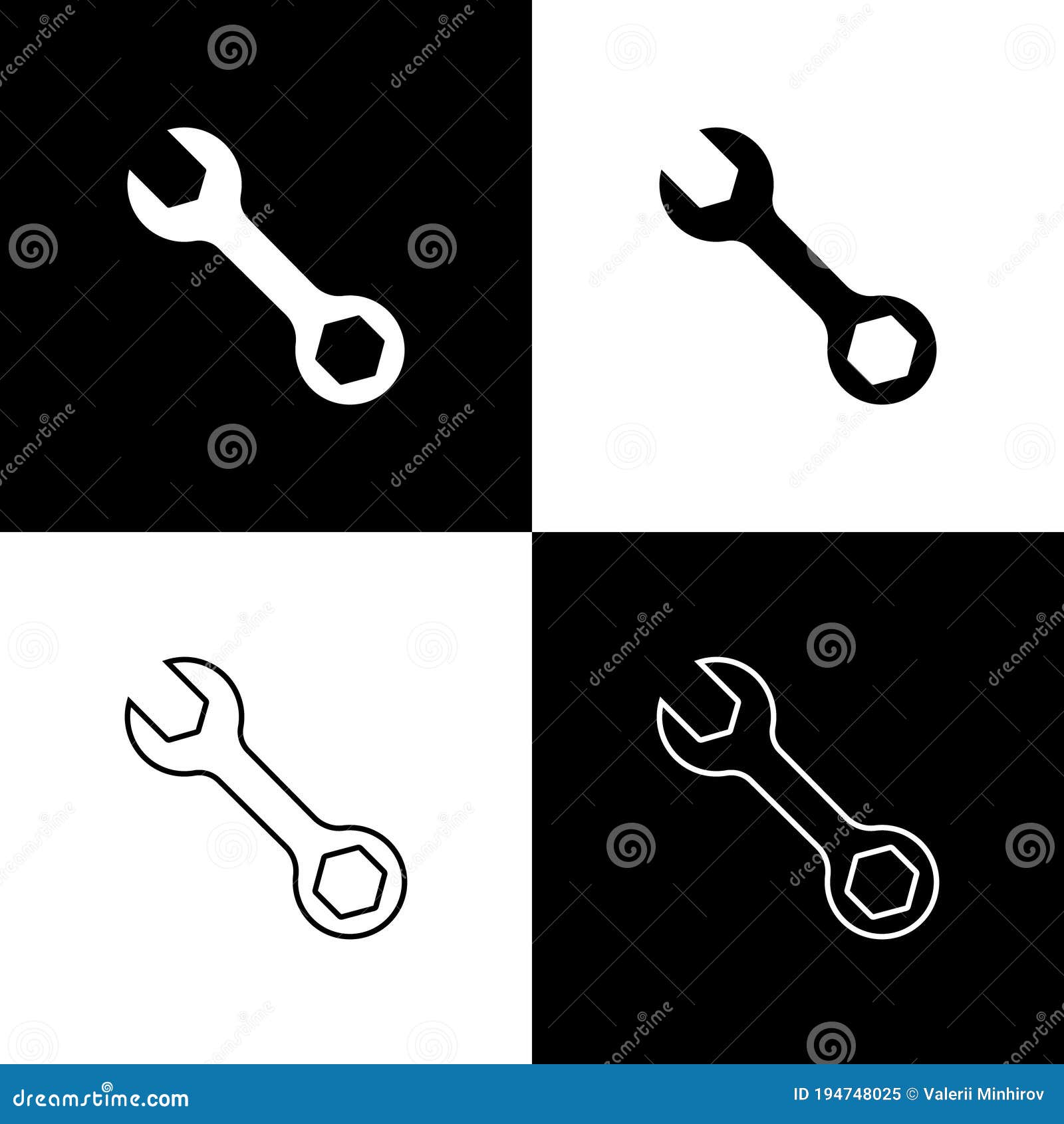 Set Wrench Spanner Icon Isolated on Black and White Background. Vector ... Set Wrench Spanner Icon Isolated on Black and White Background. Vector ...
