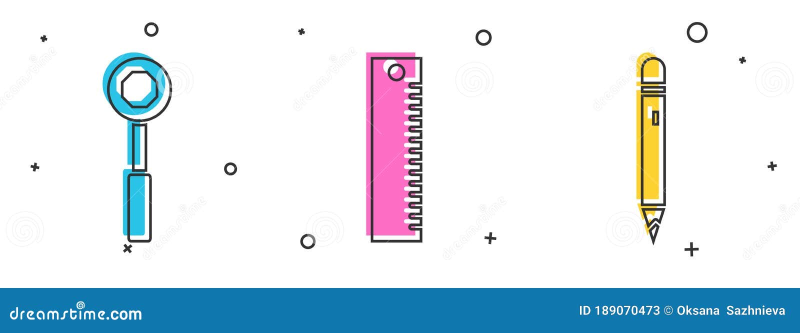 Set Wrench Spanner, Ruler and Pencil with Eraser Icon. Vector Stock ...