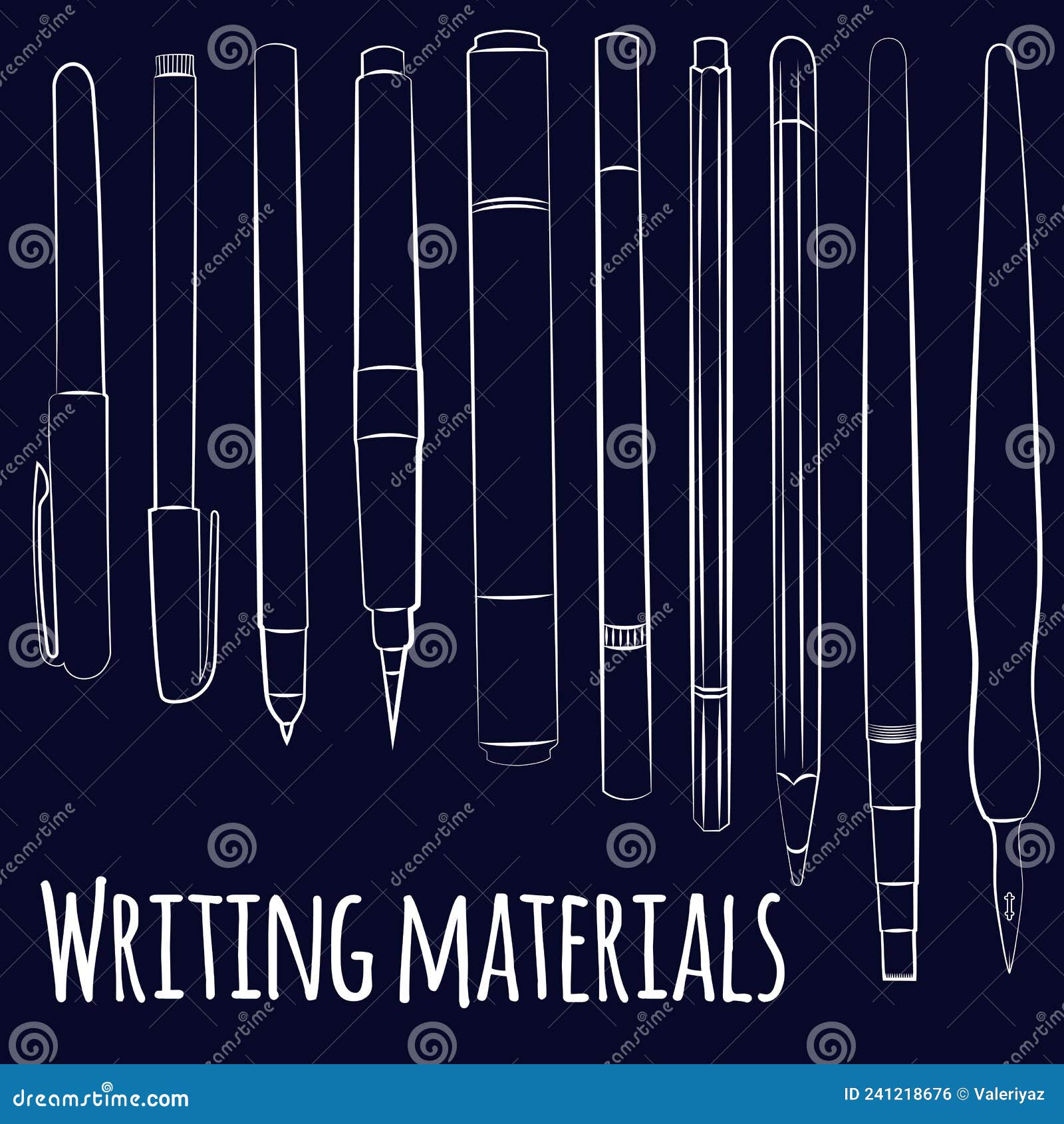 A Set of Writing Materials, Pen Pencils Marker Feather, Vector Graphics ...