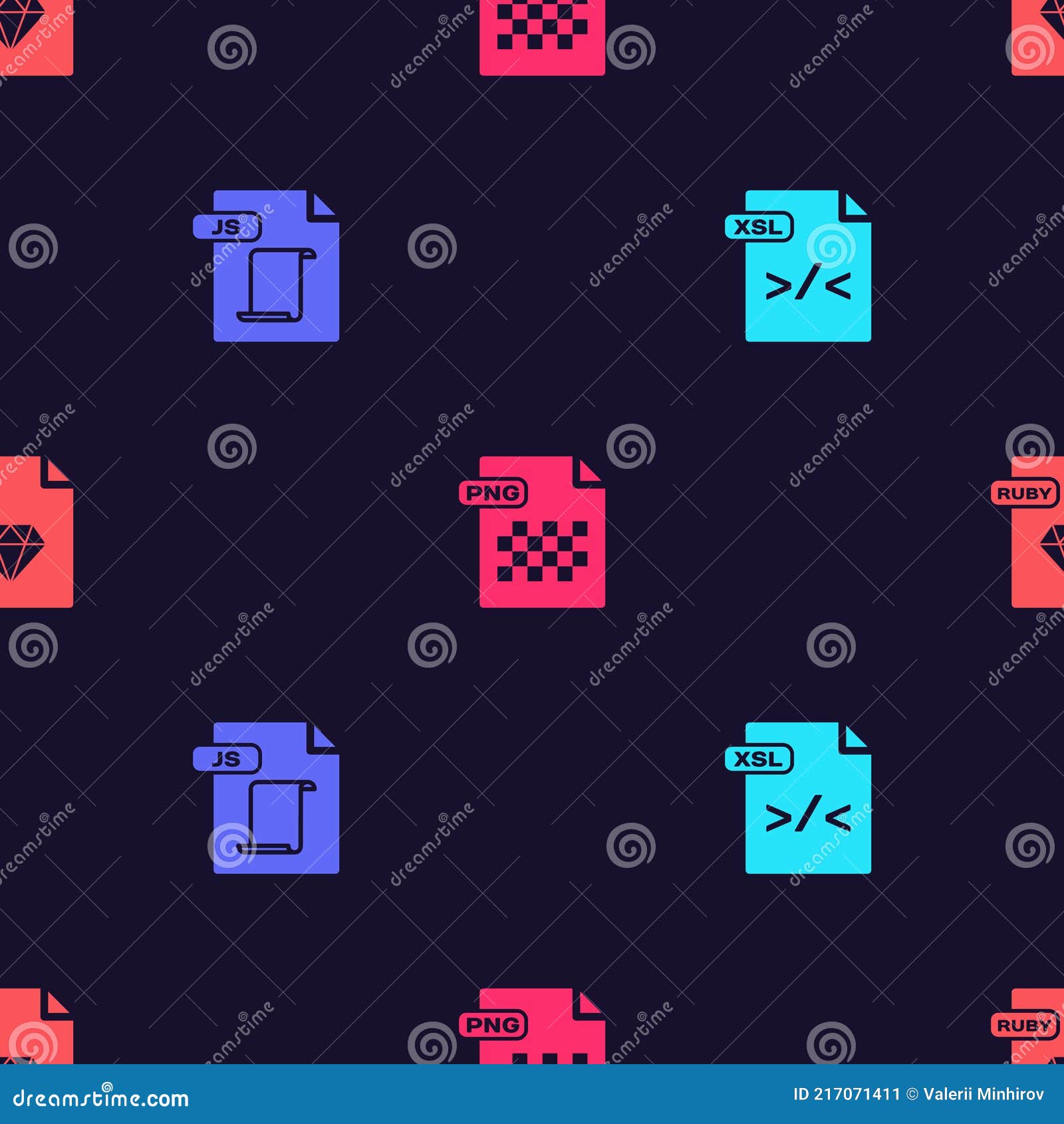 Set Xsl File Document Js Png And Ruby On Seamless Pattern Vector
