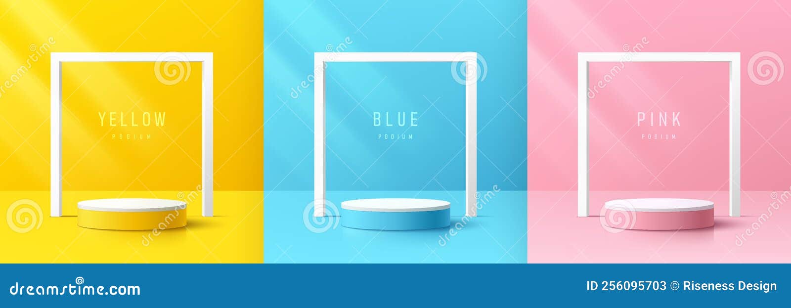 Set of Yellow, Blue and Pink Realistic 3d Cylinder Podium with White ...
