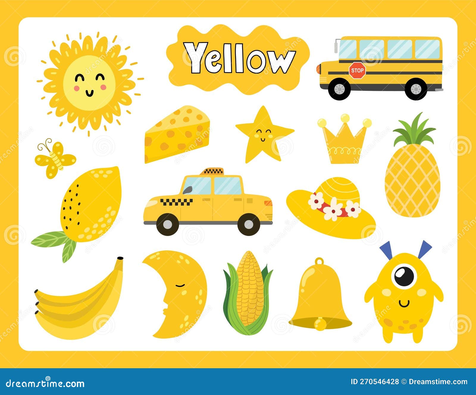 Set of Yellow Color Objects. Primary Colors Flashcard with Yellow ...