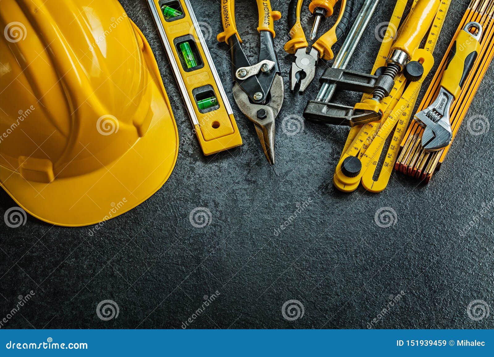 Set of Yellow Construction Tools on Black Background Stock Image ...