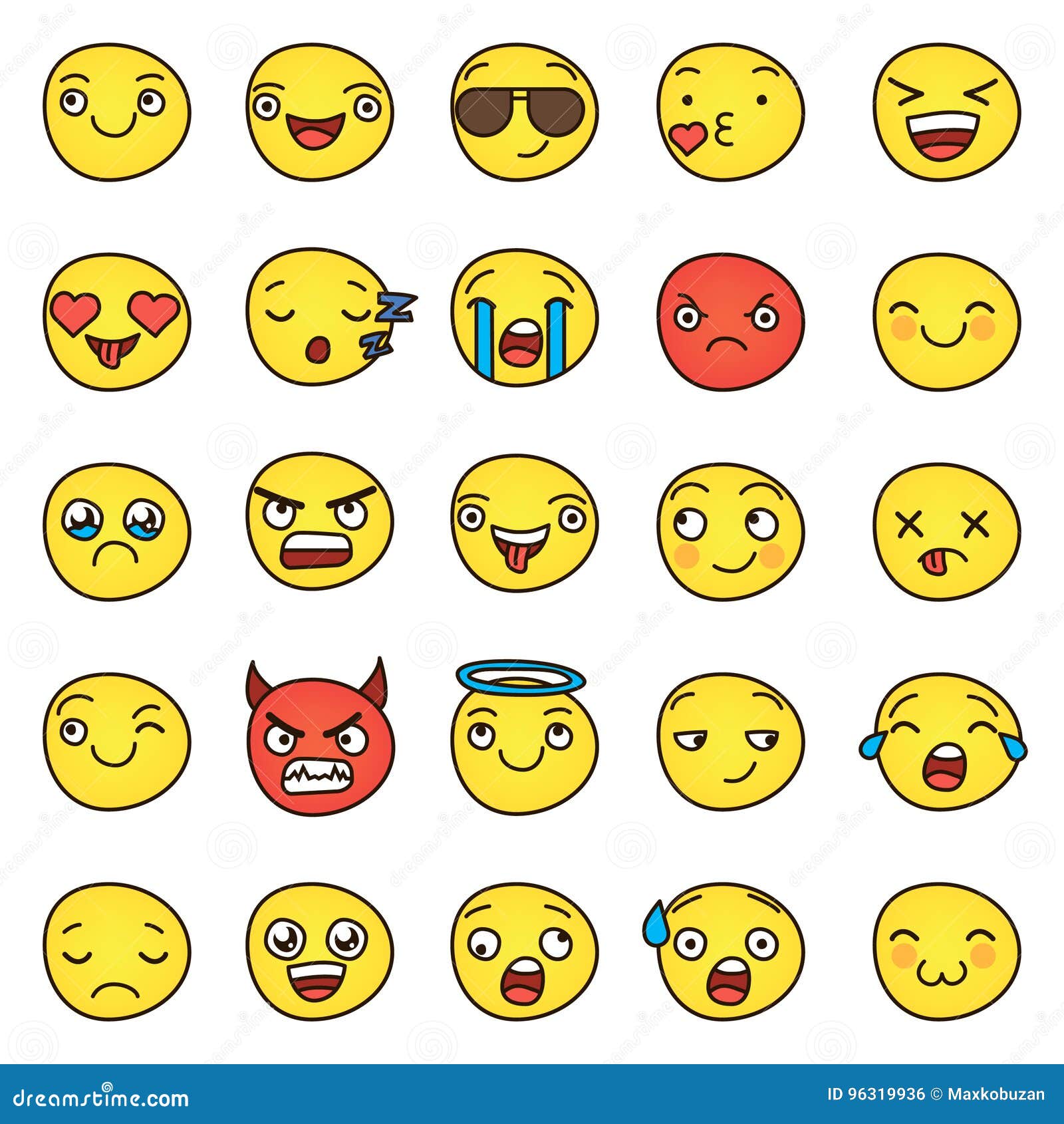 Set of Yellow Different Smiley Face Stock Vector - Illustration of ...