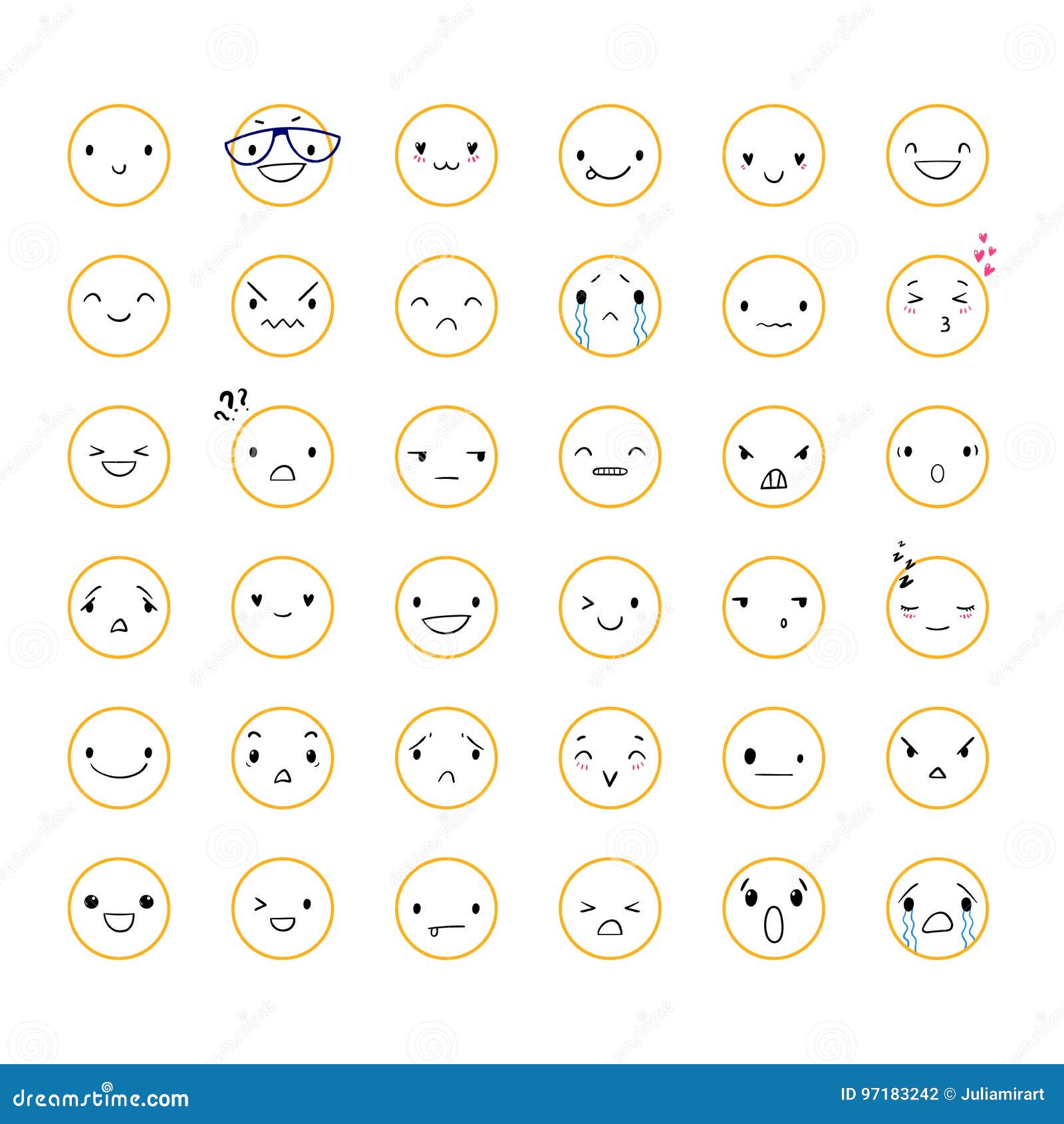 Set Yellow Outline Emoticons Stock Vector - Illustration of emotion ...
