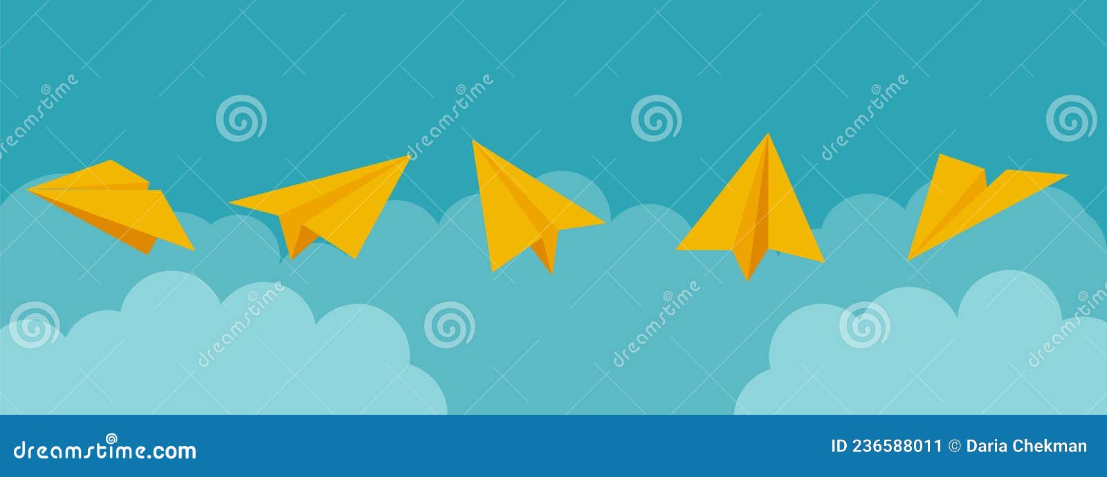 Set of Yellow Paper Airplane on a Background of Clouds. Blue Background ...