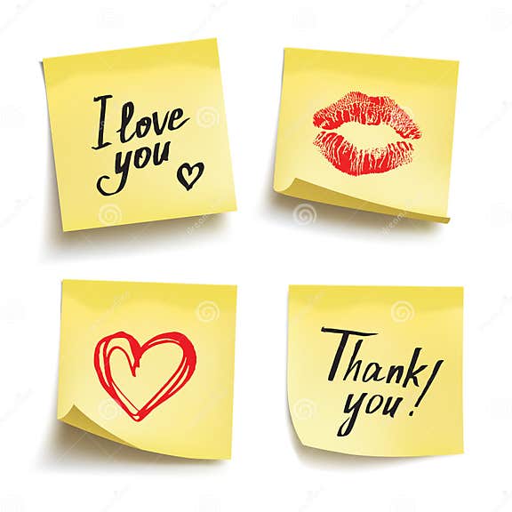 Set of Yellow Sheets of Note Papers with Text and Signs. Vector Stock ...