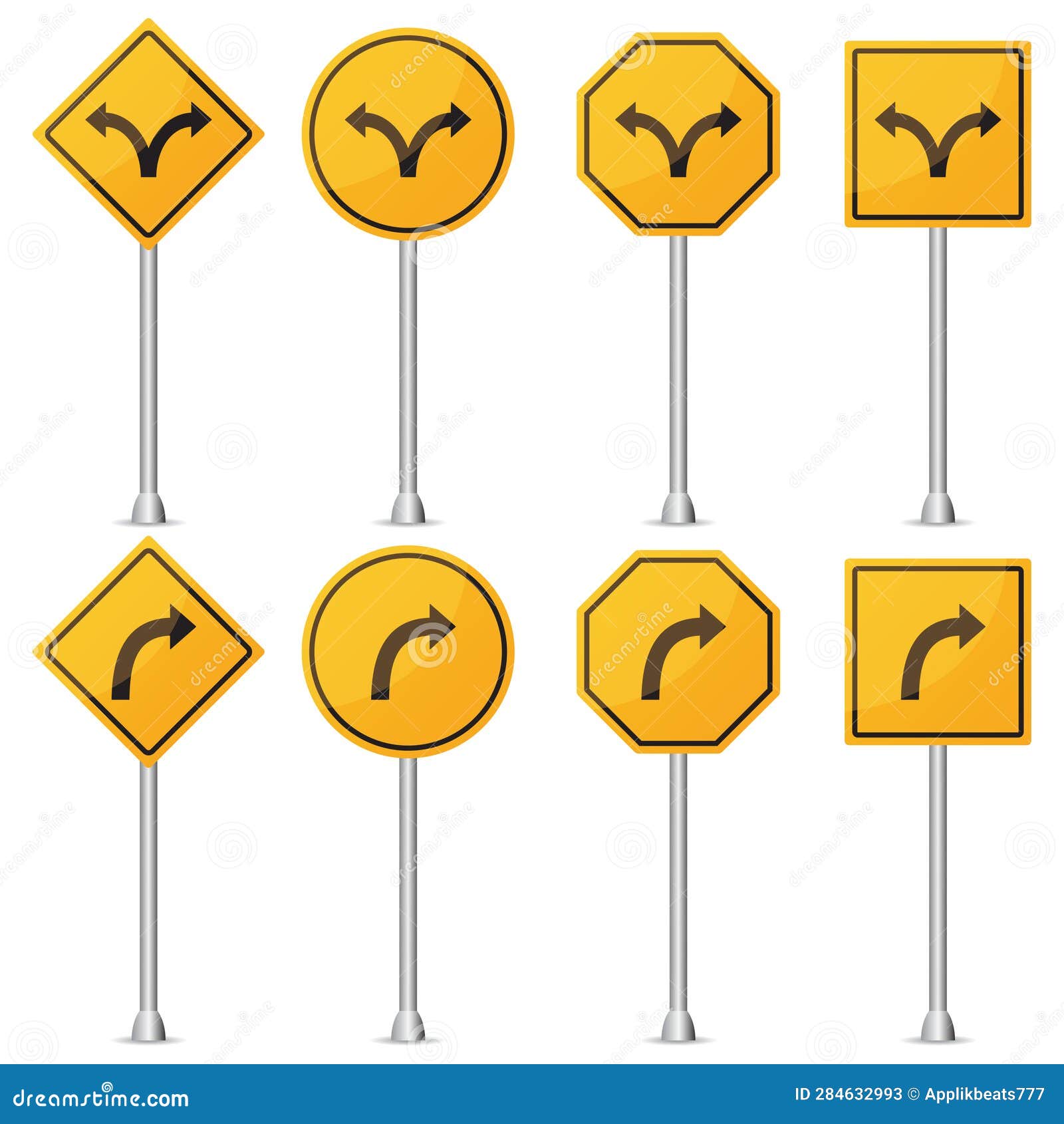 Set of Yellow Traffic Sign Turn. Vector Illustration Stock Vector ...
