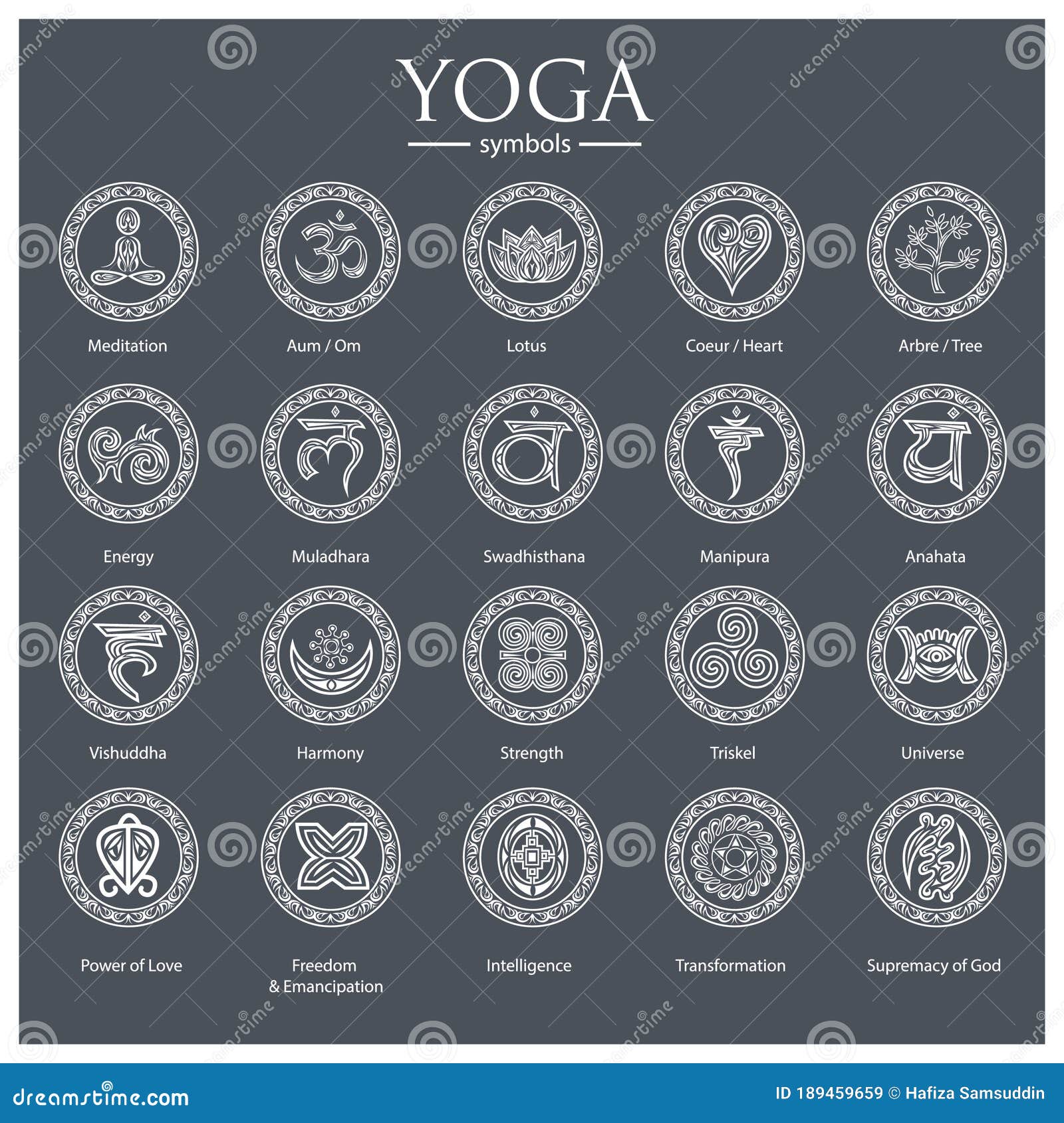 Set Of Yoga Symbols And Inscriptions. Lotus Flower And OM Yoga Logo ...