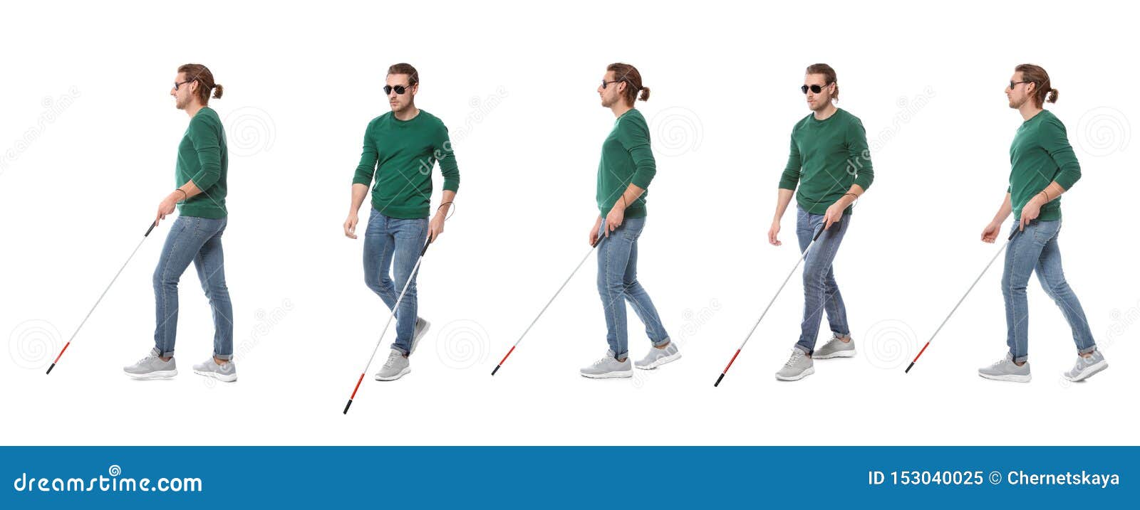 Set of Young Blind Man with Long Cane Walking on White Stock Image ...