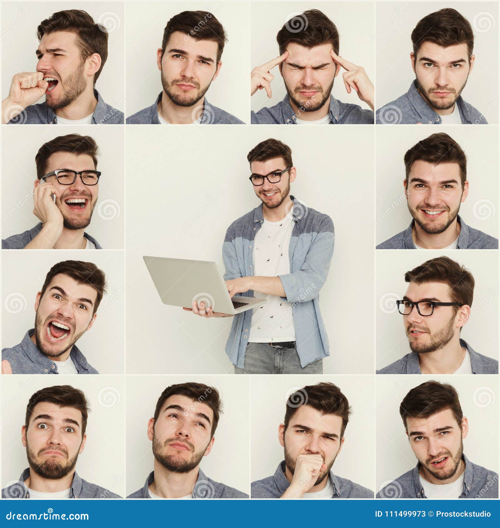 Set of Young Man Different Emotions at White Studio Background Stock ...
