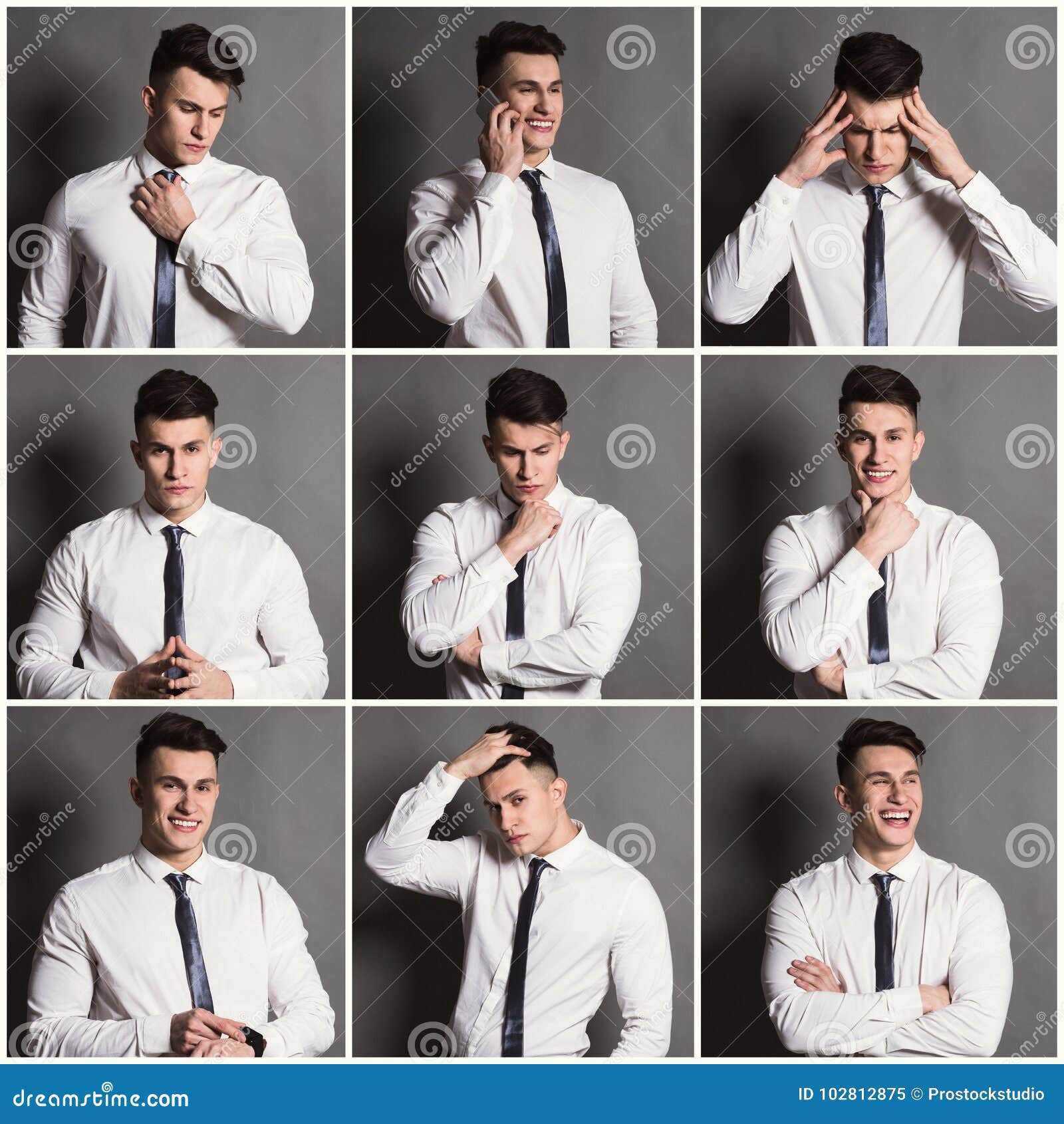 Set of Young Man Different Emotions at Gray Studio Background Stock ...