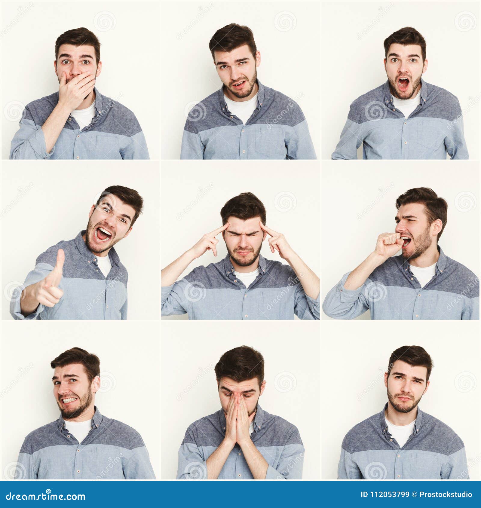 Set of Young Man Different Emotions at White Studio Background Stock ...