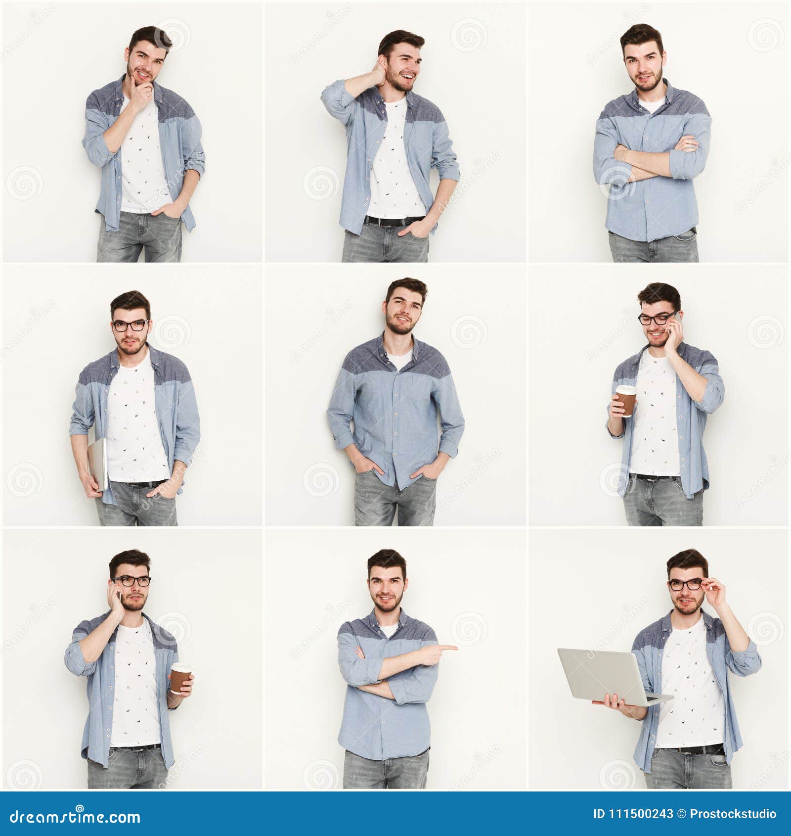 Set of Young Man Different Emotions at White Studio Background Stock ...