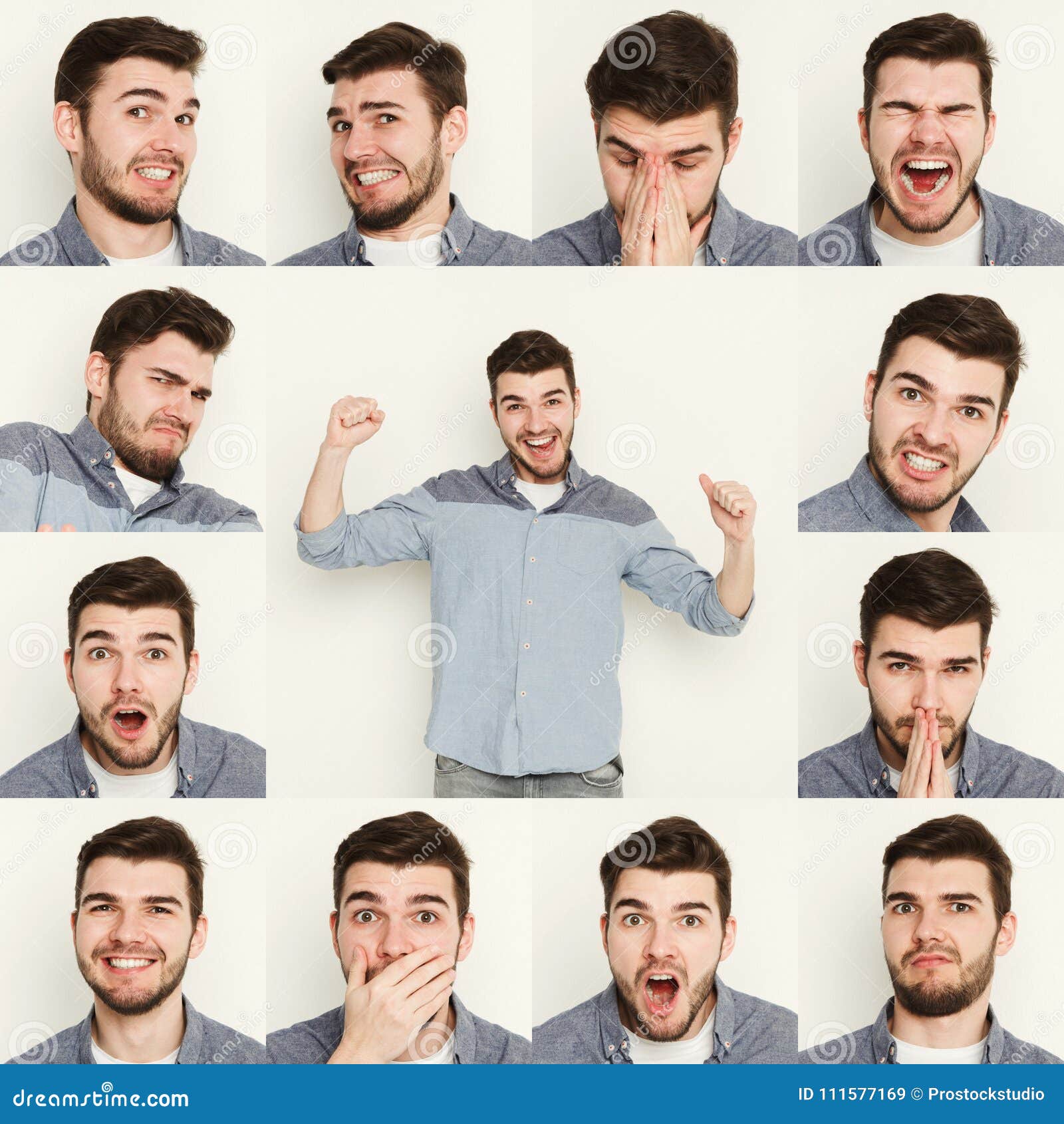 Set of Young Man Different Emotions at White Studio Background Stock ...