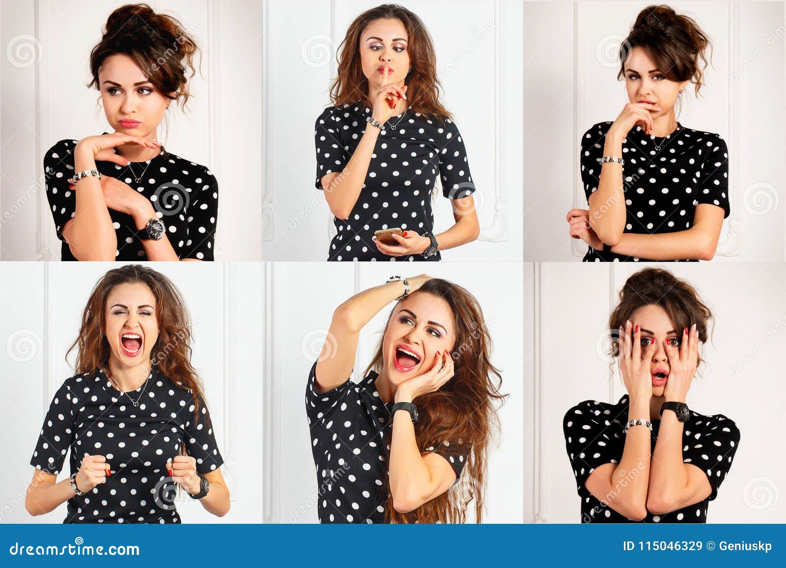 Set Of Young Woman`s Brunette Portraits With Different Emotions Stock
