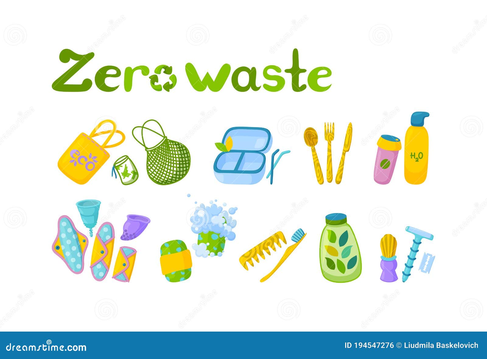Set of Zero Waste Items. Symbol of Recycling and Reusable Items. Refuse ...