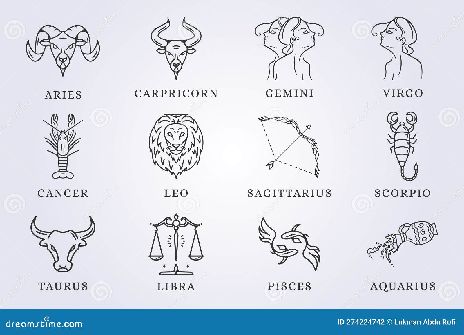Set Of Zodiac Astrology Horoscope Sign Line Art Vector Illustrtaion
