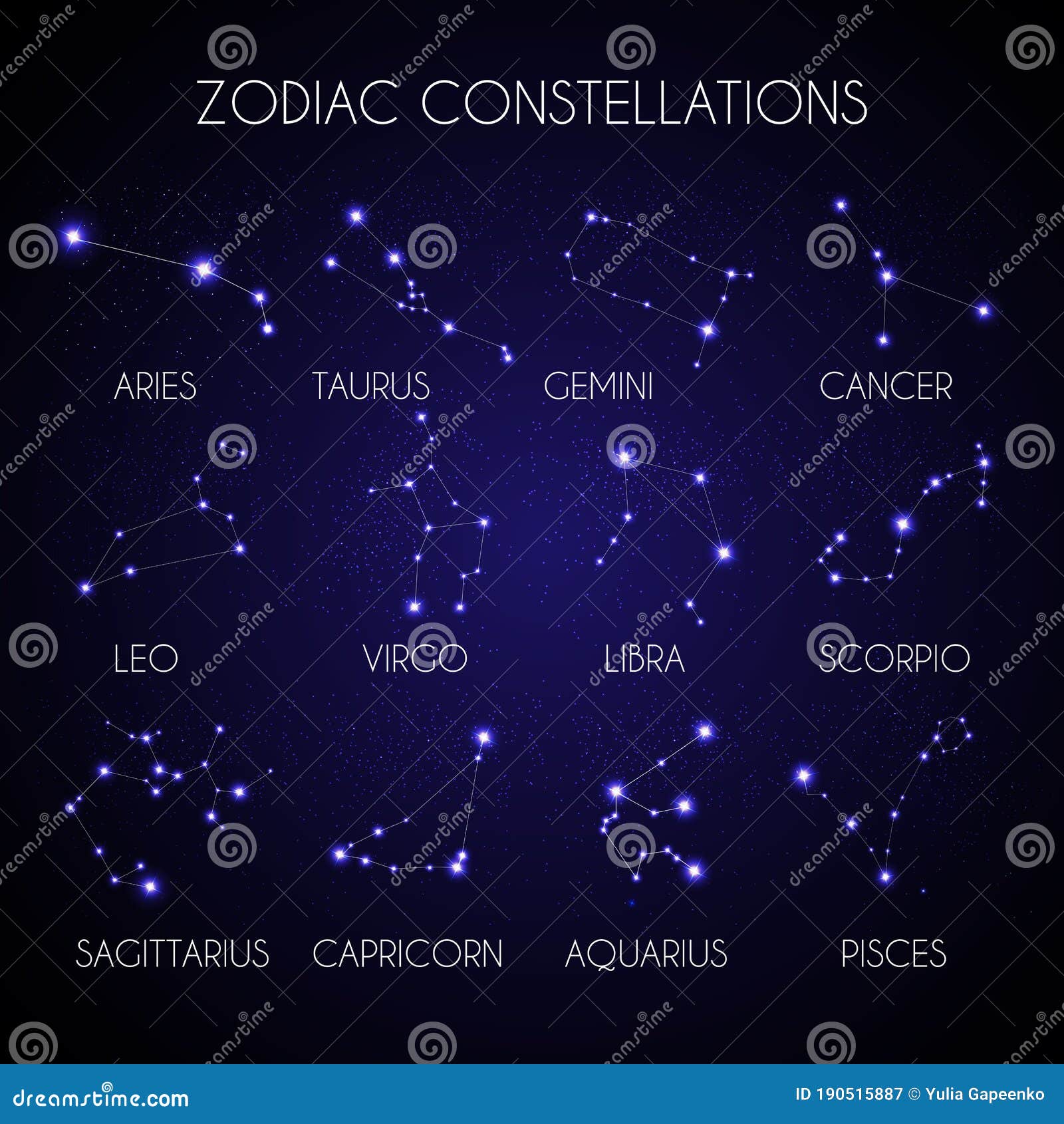Set of 12 Zodiacal Constellations on the Background of Cosmic Sky ...