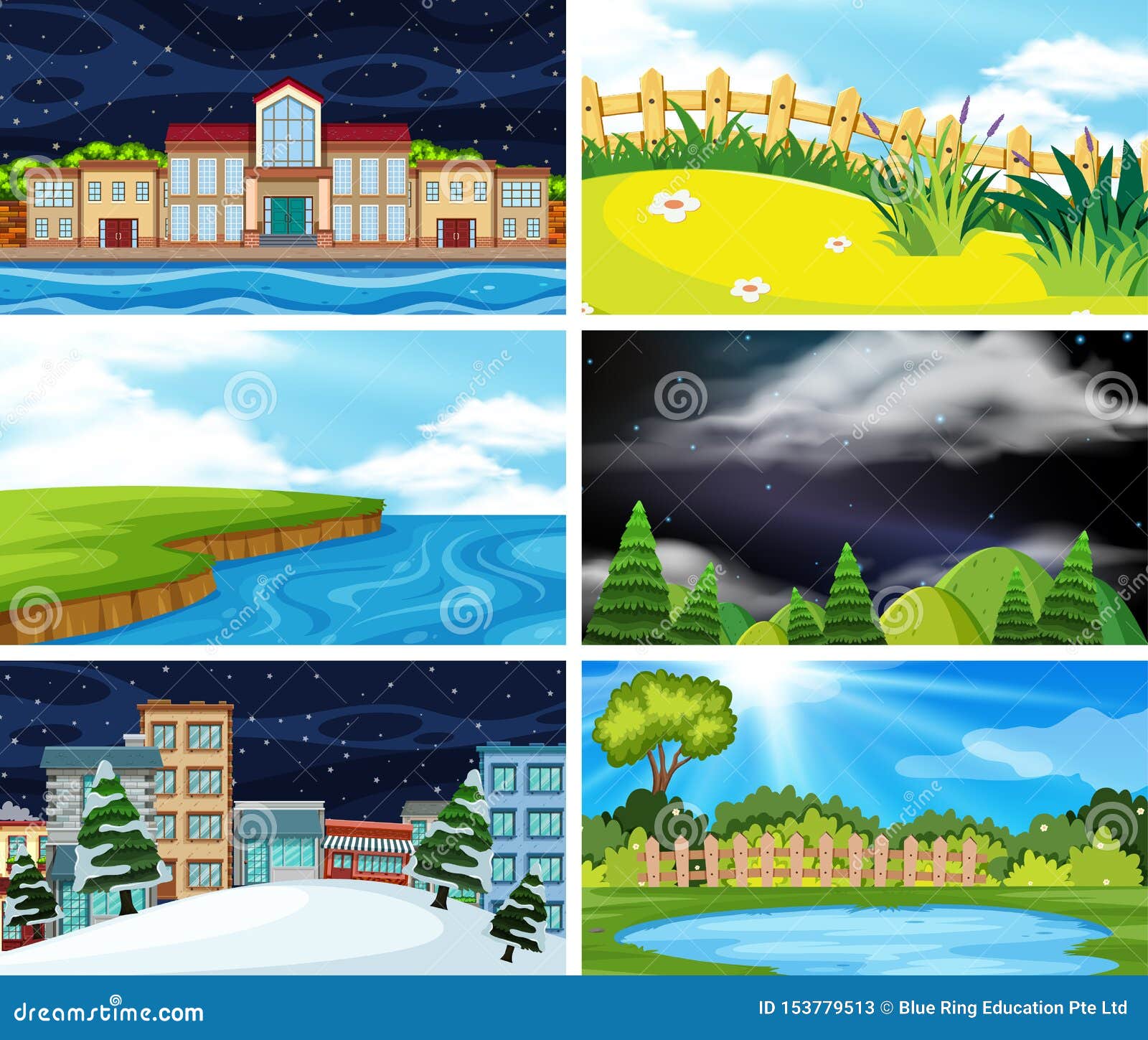 Sets of diferent scenes stock vector. Illustration of nightime - 153779513