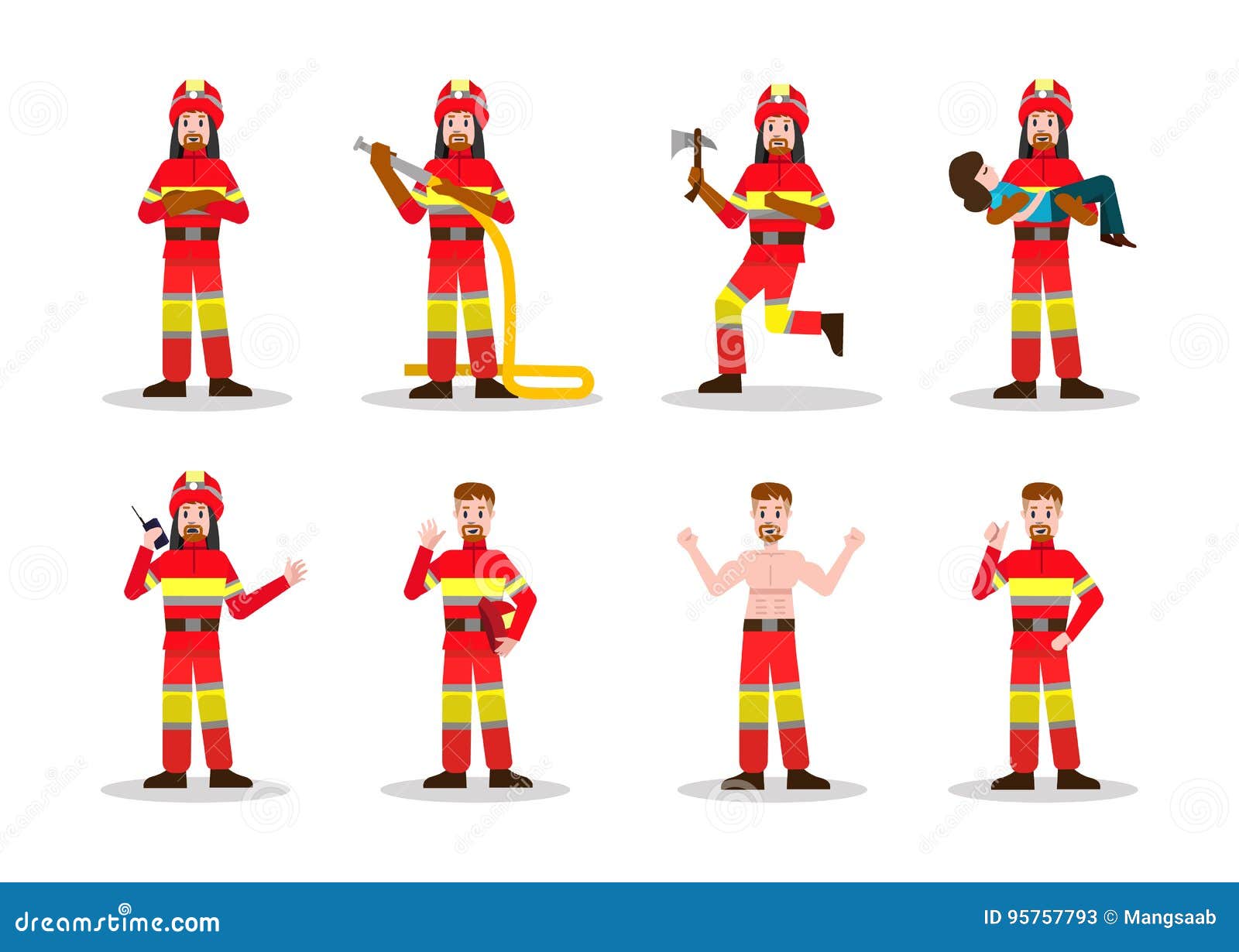 Sets Of Firefighting Team. Flat Fireman Character Design. Vector ...