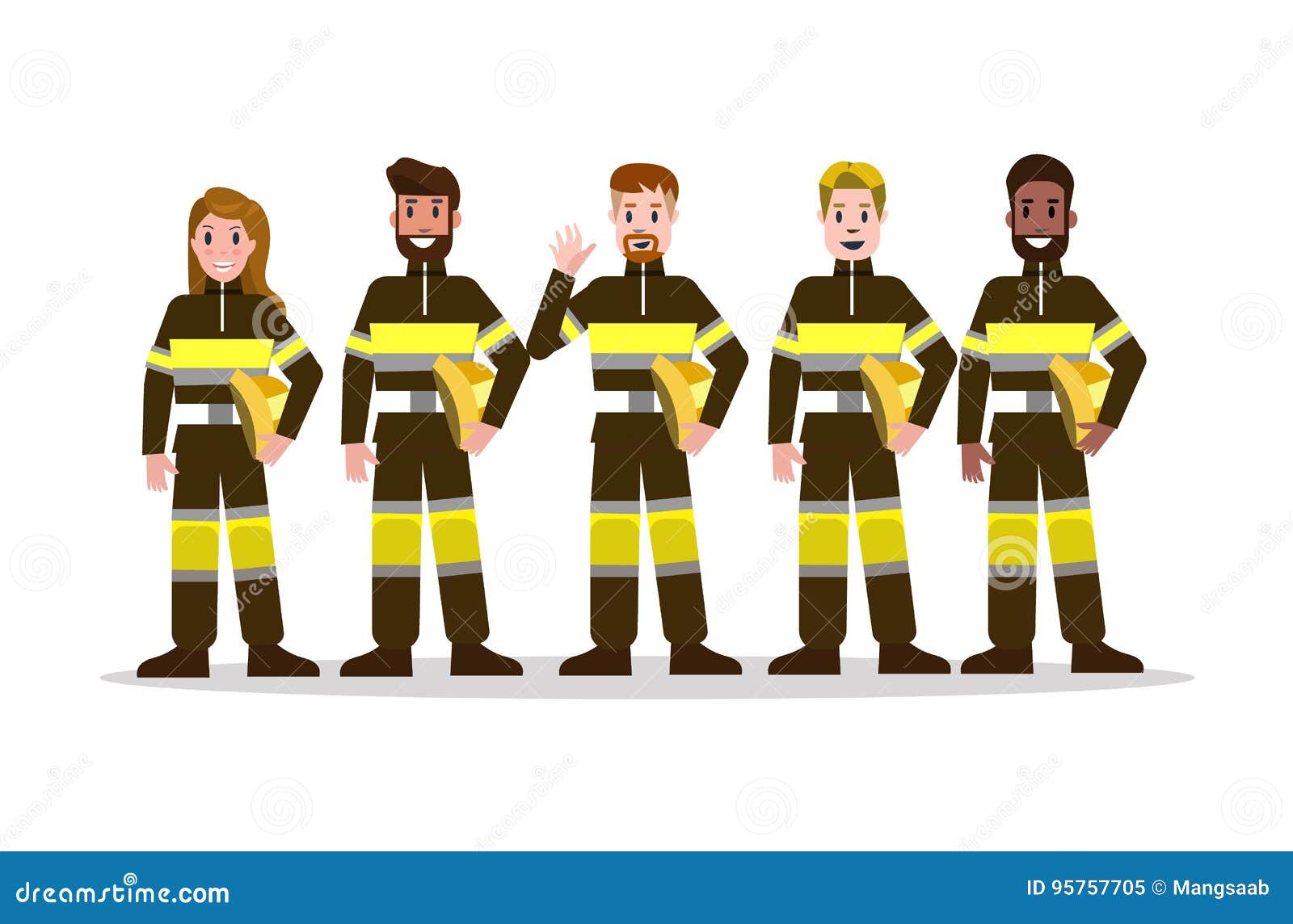 Sets Of Firefighting Team. Flat Fireman Character Design. Vector ...