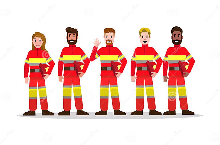 Sets of Firefighting Team. Flat Fireman Character Design Stock Vector ...