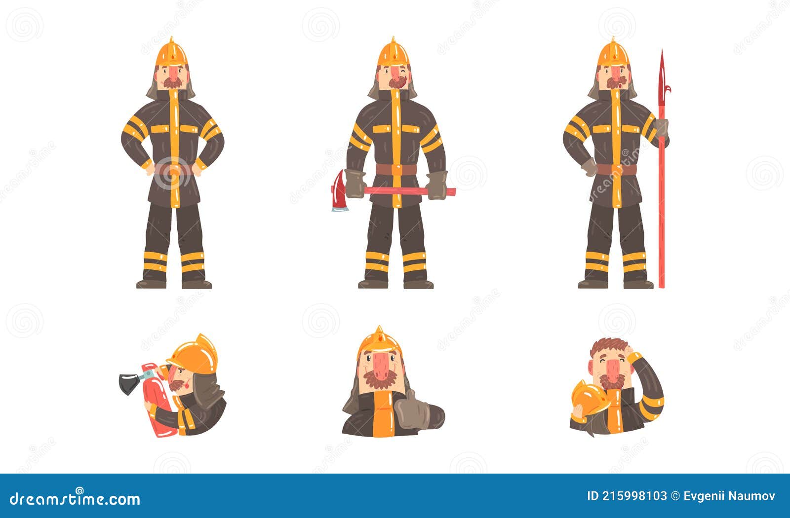 Sets of Professional Firefighters, Firemen Characters in Uniform with ...