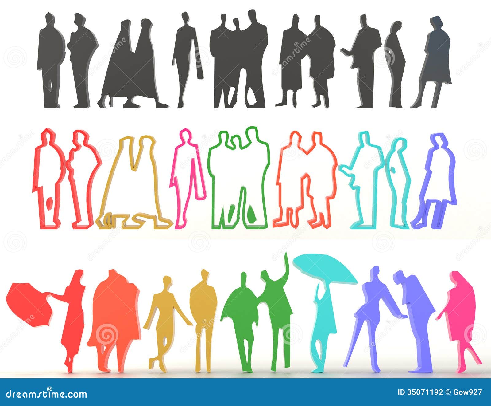 Sets of Silhouette and Colorful People in 3D Stock Illustration ...