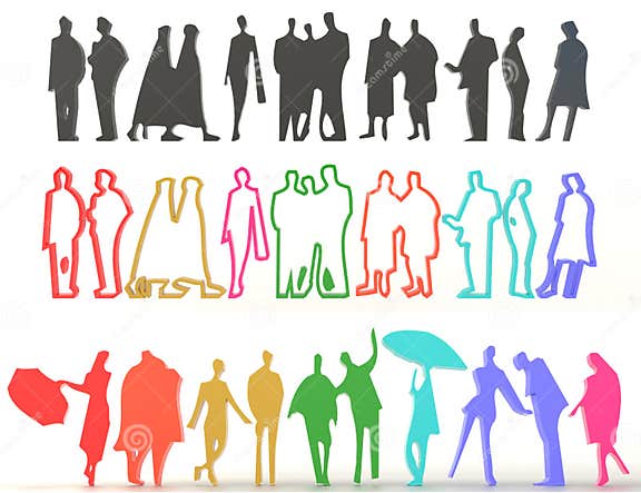 Sets of Silhouette and Colorful People in 3D Stock Illustration ...