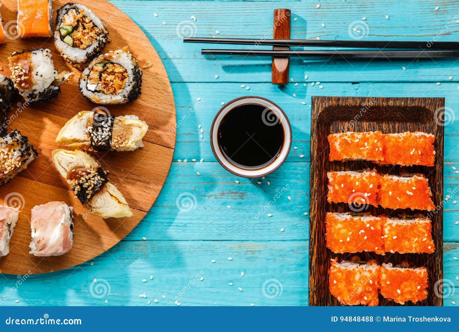 Sets of sushi on table stock photo. Image of plate, delicious - 94848488