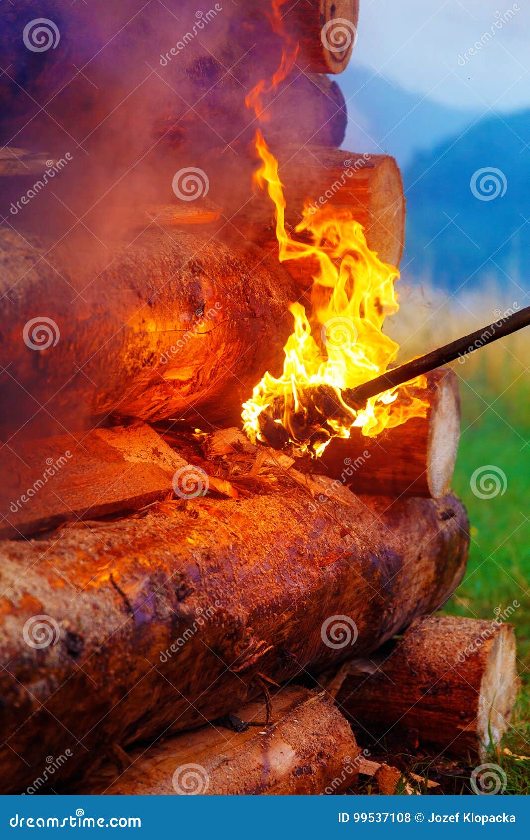 Setting Big Bonfire Made of Logs on Fire with Torch. Stock Photo ...