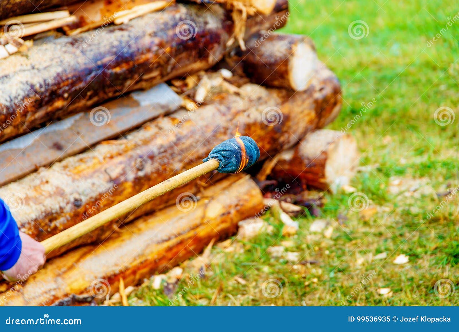 Setting Big Bonfire Made of Logs on Fire with Torch. Stock Image ...