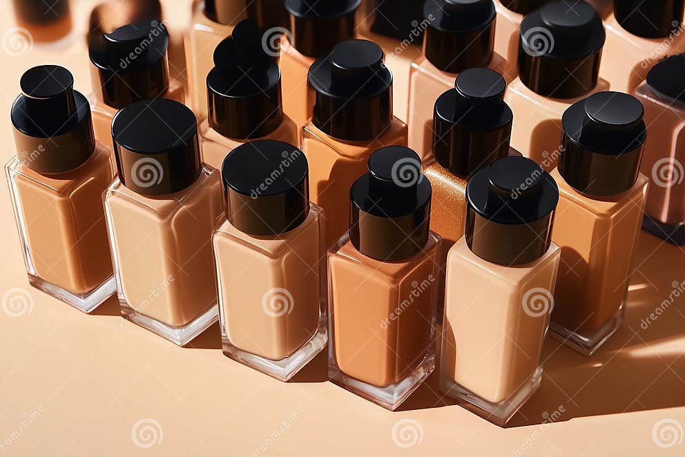 A Collection of Foundation Bottles in Various Shades Displayed on a ...