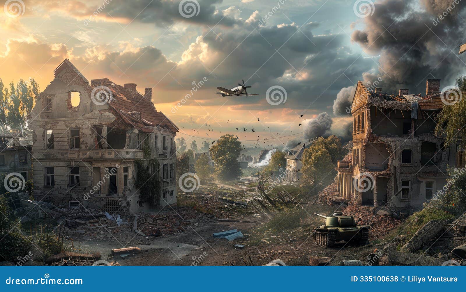 Destruction in a War-Torn Landscape with Damaged Buildings and a Low ...