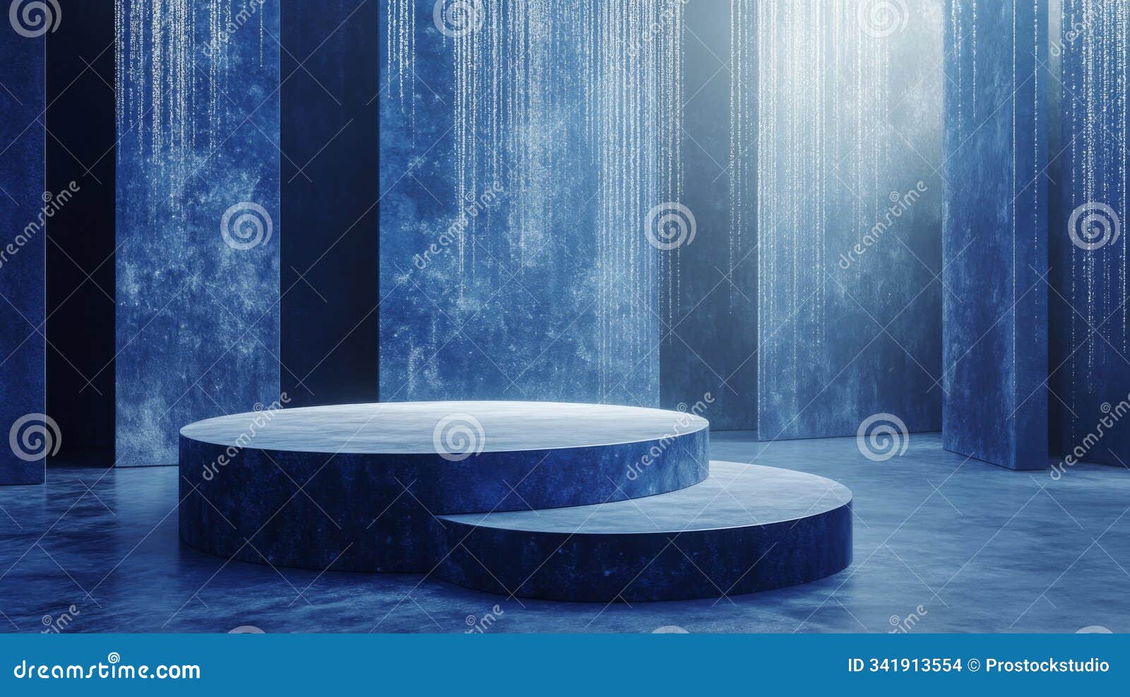 Modern Blue Stage Design with Cascading Light Effects in a Dimly Lit ...