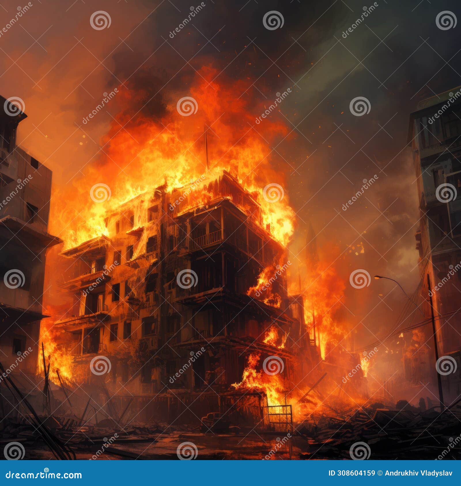 Setting fire to buildings stock illustration. Illustration of district ...