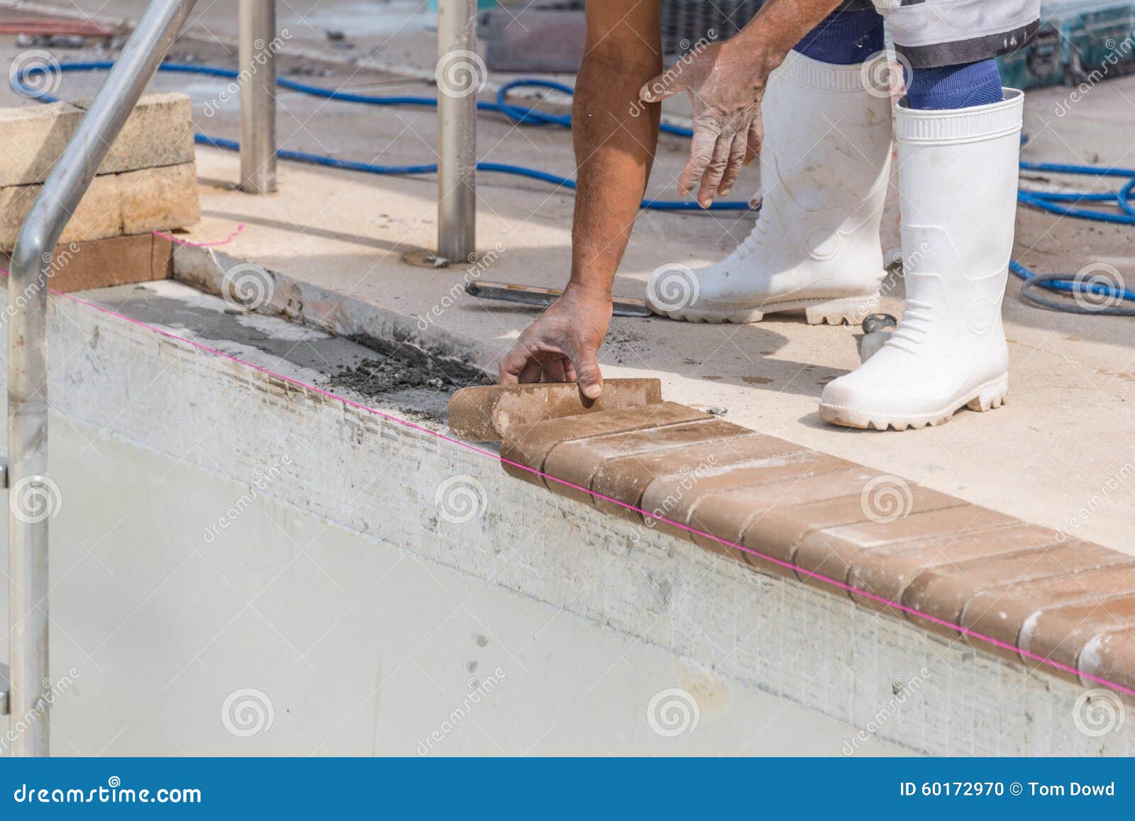 Setting New Brick Coping Pool Remodel Stock Photo - Image of draining ...