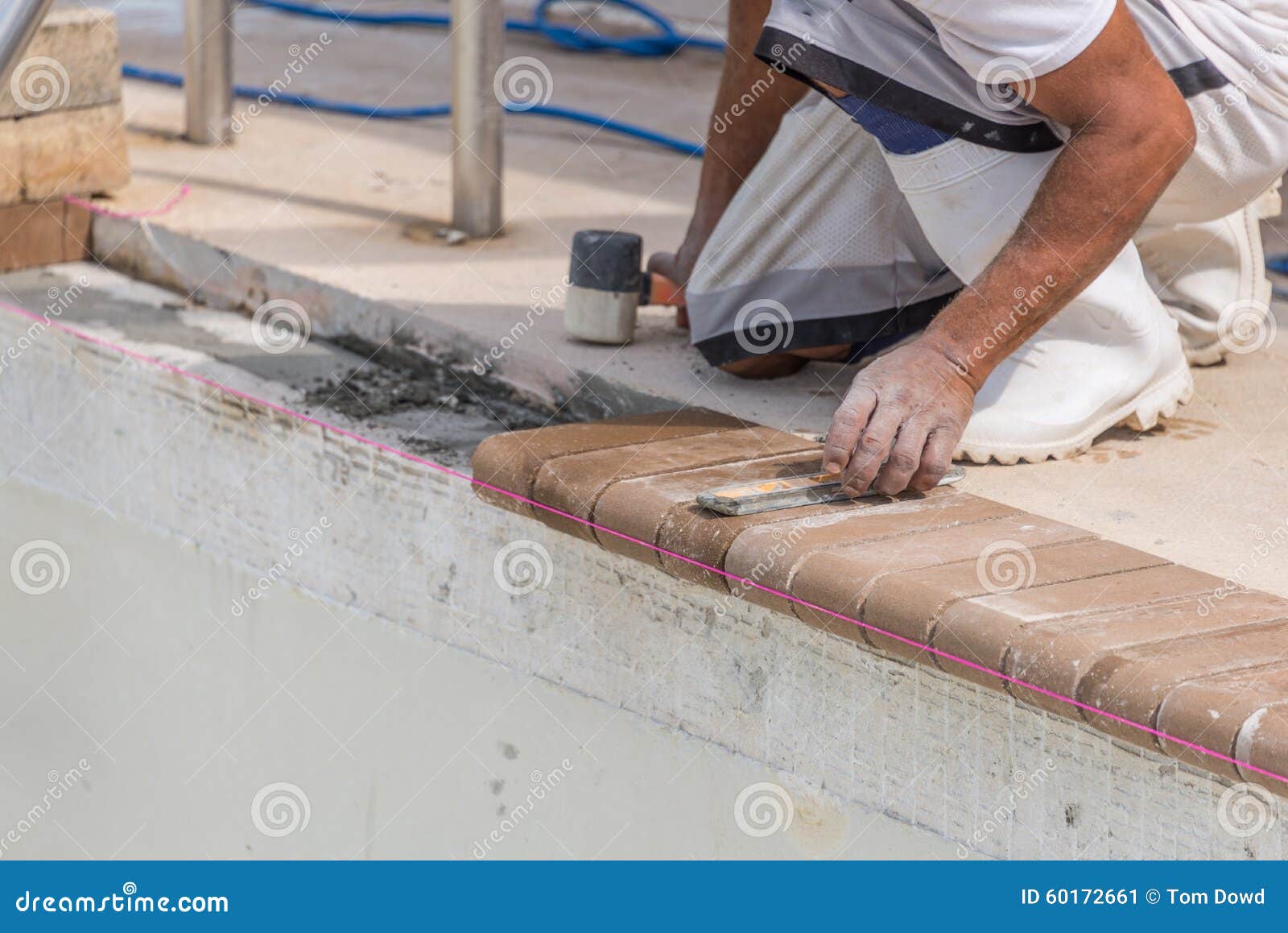 Setting New Brick Coping Pool Remodel Stock Image - Image of digging ...