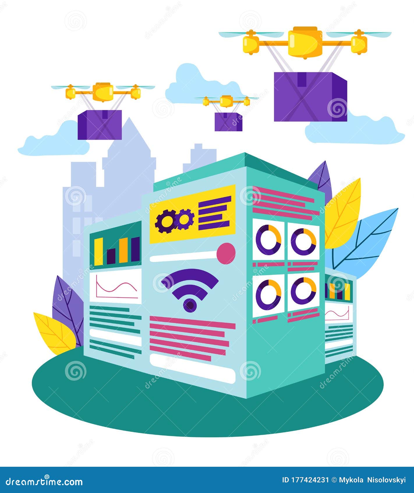 Setting Panel And Cargo Drone Management System. Cartoon Vector ...